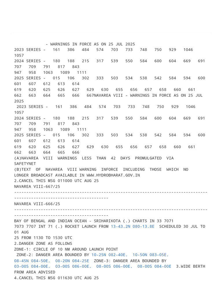 NAVAREA VIII Warnings as of July 2025 | PDF | Oceanography | Shipping