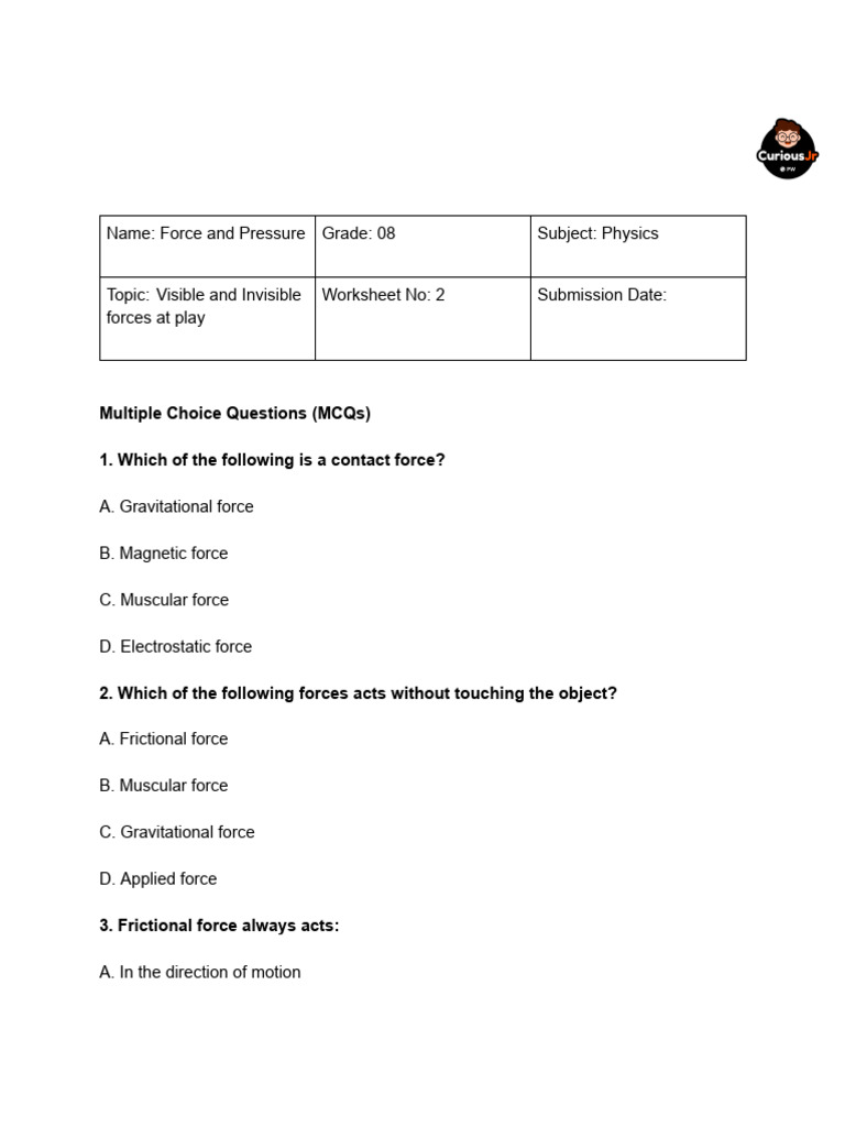 Force and Pressure MCQs for Grade 8 | PDF | Force | Friction