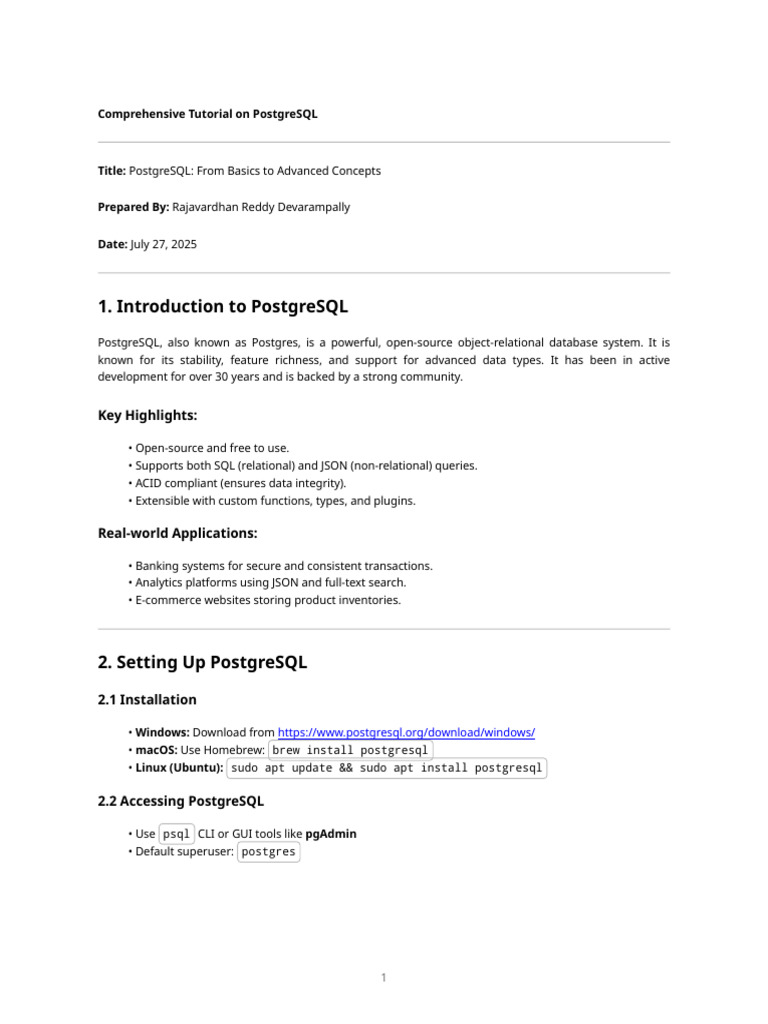 Postgre SQL Tutorial Detailed | PDF | Postgre Sql | Databases