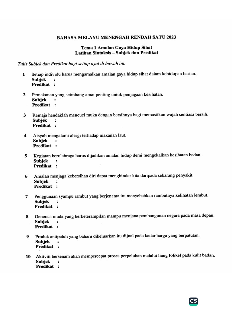 Latihan Subjek Dan Predikat Dan Karangan Pendek Tema 1 | PDF