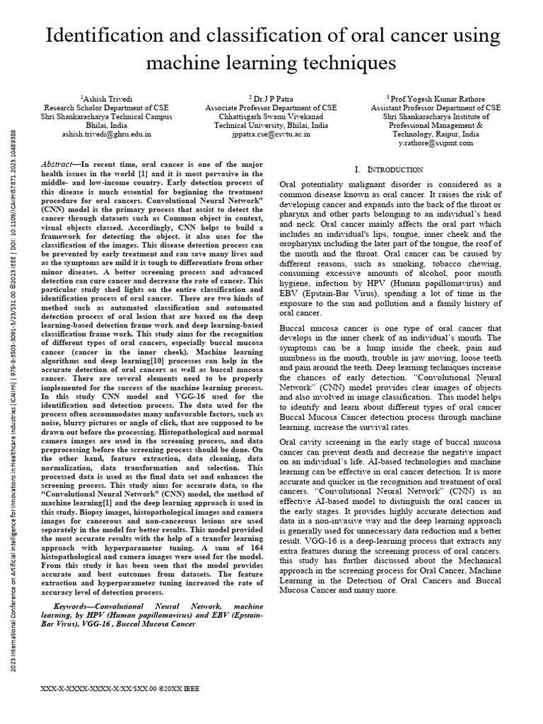 Identification And Classification Of Oral Cancer Using Machine Learning Techniques Pdf Deep