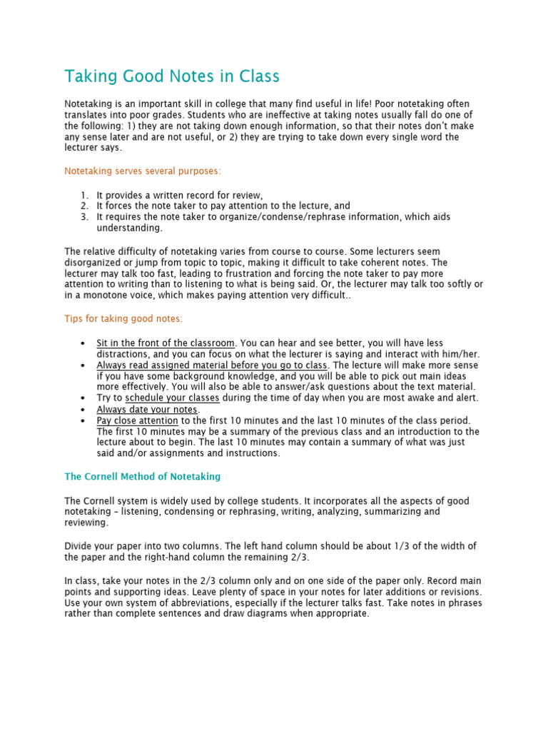 Taking Good Notes in Class | PDF | Neuroscience | Psychological Concepts