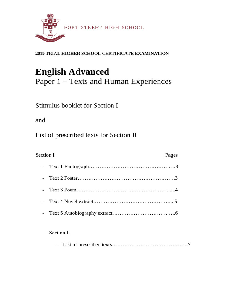 2019 Fort Street English Advanced Paper 1 Stimulus Booklet Final Edited ...