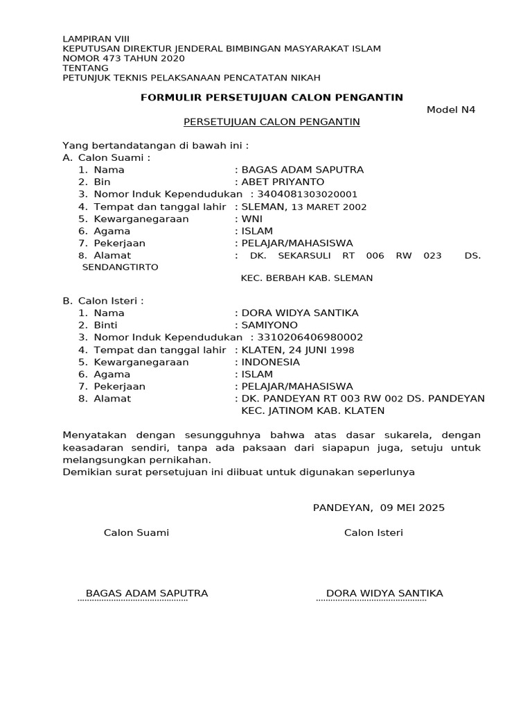 Surat Persetujuan Calon Pengantin N4 | PDF