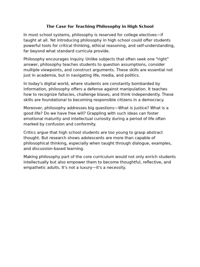 Teaching Philosophy in High School | PDF