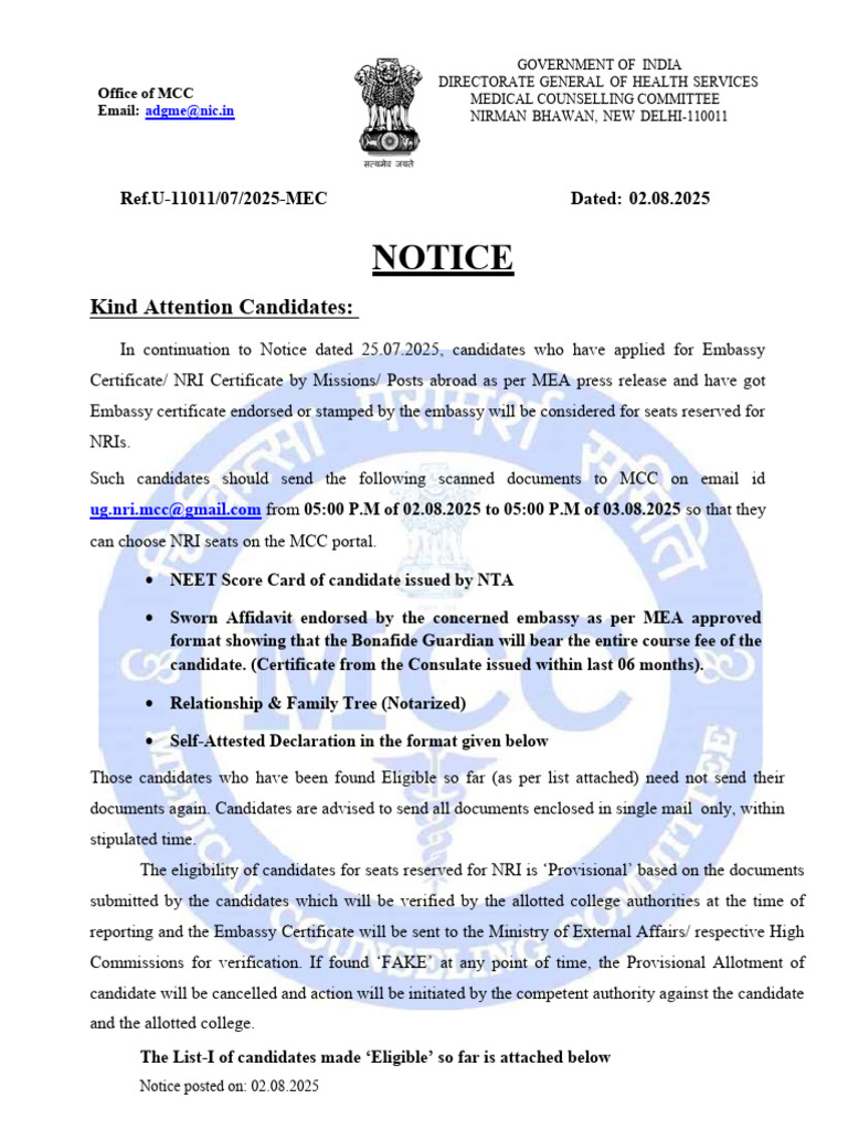 NRI Seat Application Guidelines for NEET 2025 | PDF | Notary Public ...