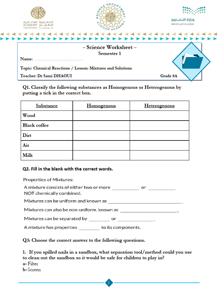 Grade 8 Mixtures and Solutions Worksheet | PDF
