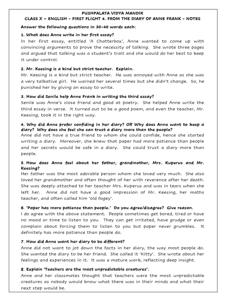 Class X - FF 4. From The Diary of Anne Frank - Notes - Done | PDF ...