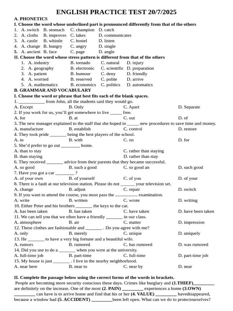 English Practice Test Overview | PDF | Cooking | Fuels