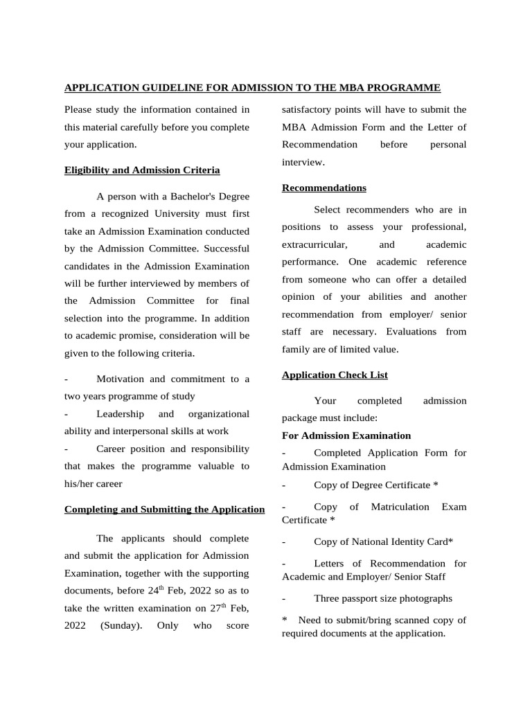 MBA Admission Application Guidelines | PDF | University And College ...