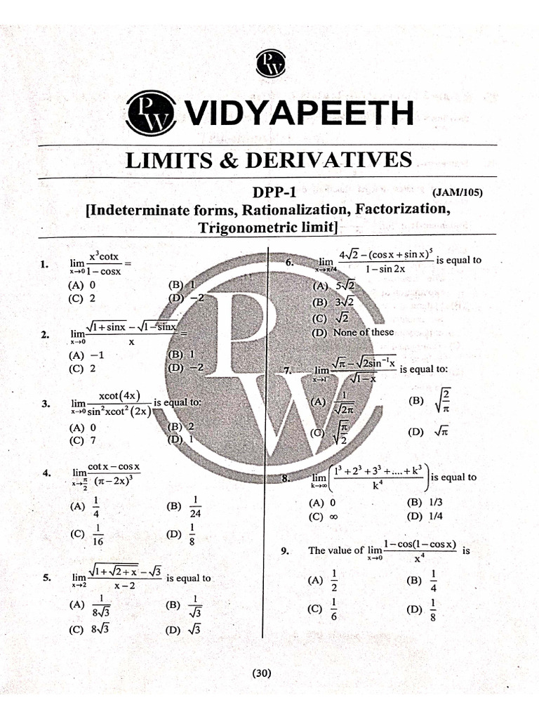 DPP 1 Limits and Derivatives | PDF