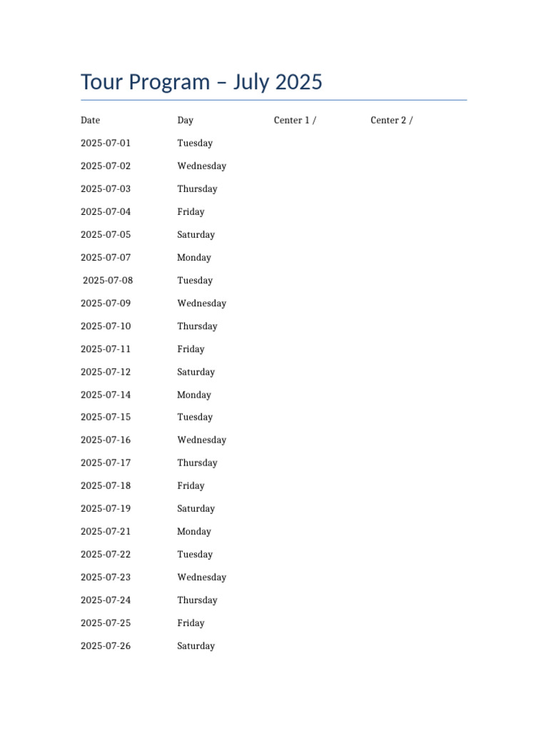 July 2025 Tour Program Schedule | PDF