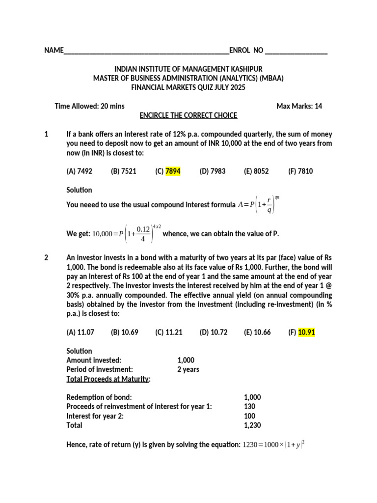 Mbaa Quiz Sol | PDF | Bonds (Finance) | Interest