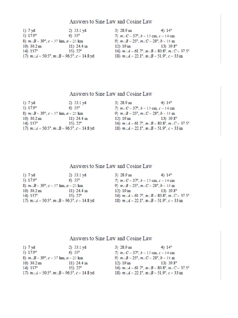 Law of Sine and Laws of Cosine Part 2 Answer Key | PDF
