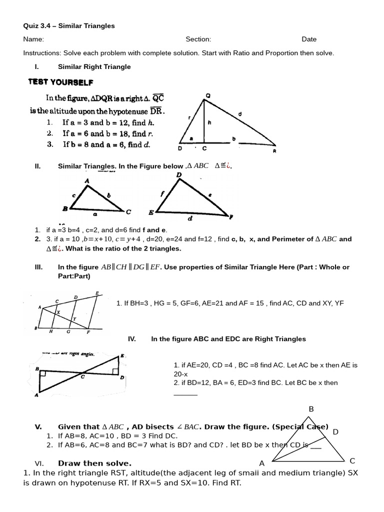 Similar Triangles Quiz Solutions | PDF | Elementary Mathematics ...