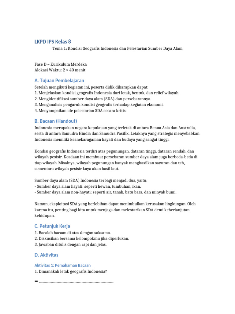 LKPD IPS Kelas 8 Tema 1 Dengan Handout | PDF