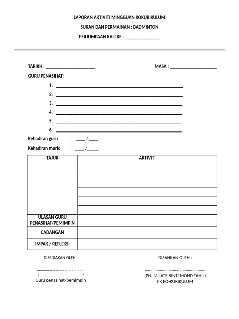 Format Laporan Kokurikulum Mingguan | PDF