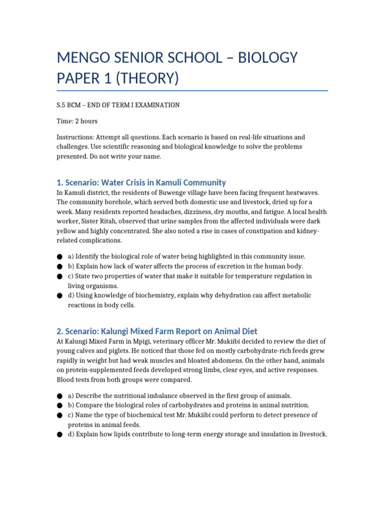 S5 Biology Exam Full Scenarios | PDF | Tissue (Biology) | Heart
