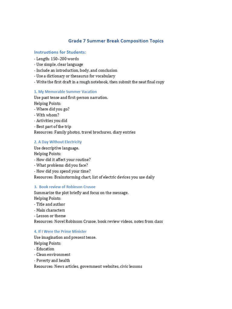 Grade 7 Summer Compositions | PDF