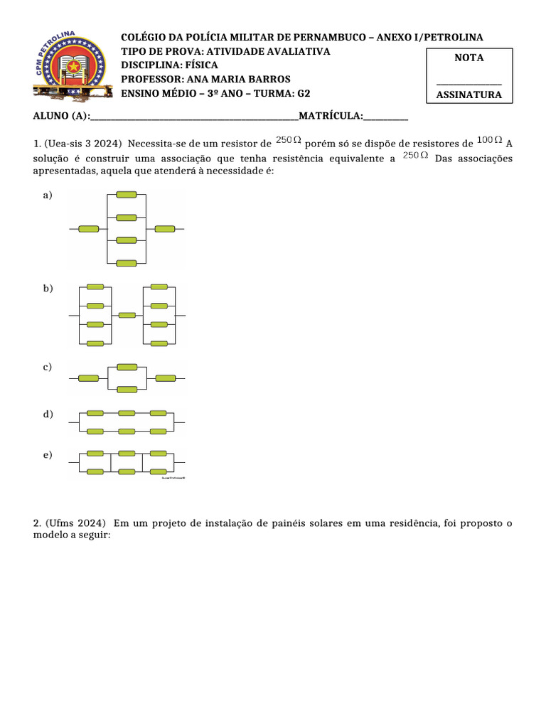 Atividade 2º trimestre G2 | PDF | Resistência elétrica e condutividade | Rede elétrica