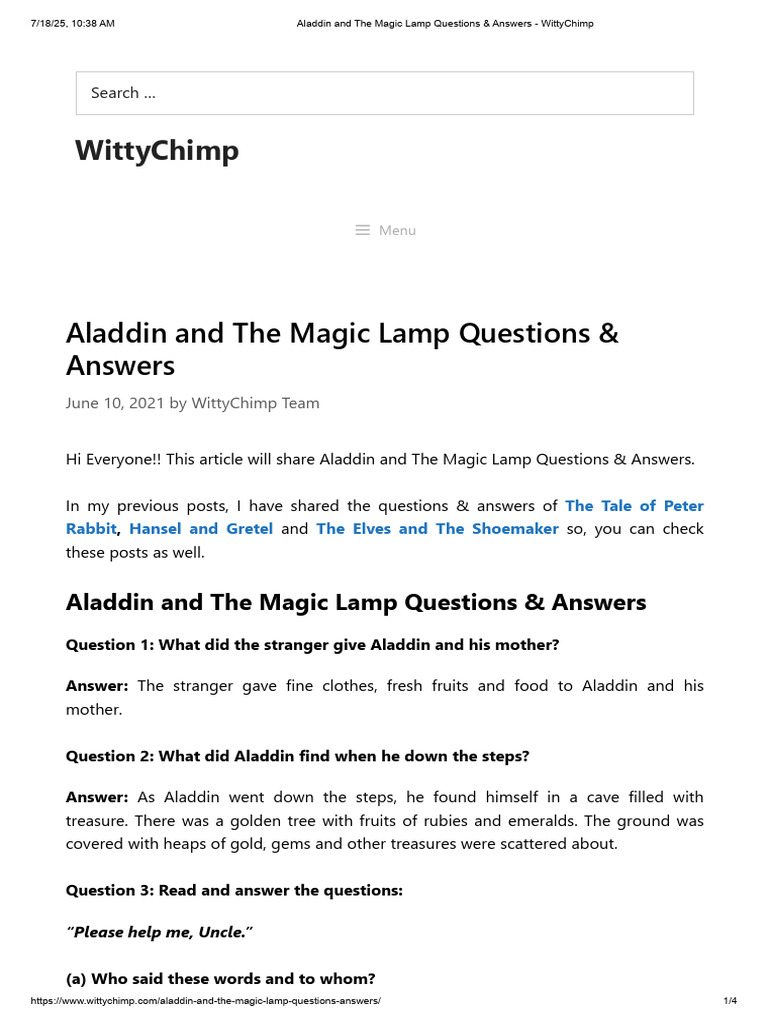 Aladdin and The Magic Lamp Questions & Answers - WittyChimp | PDF ...