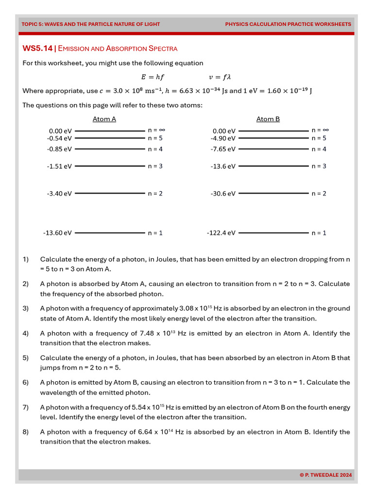 Emission and Absorption Spectra Worksheet | PDF | Electron | Energy Level