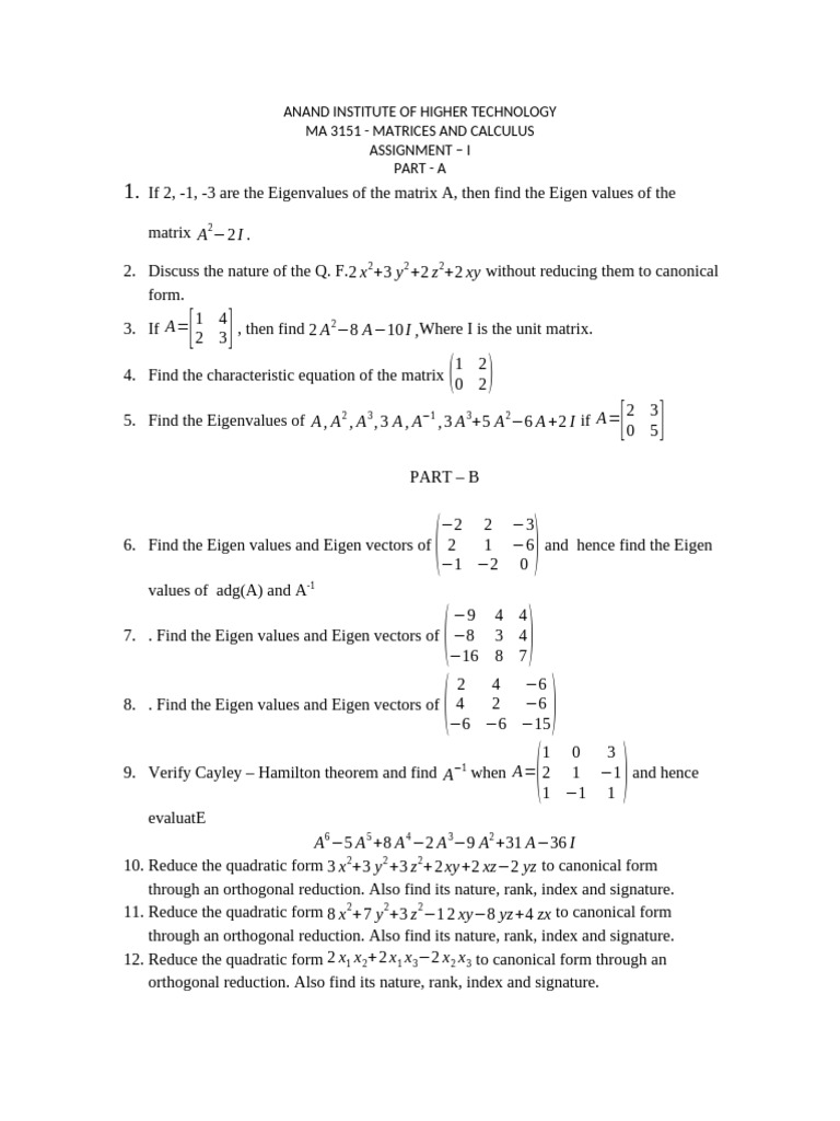 Matrices and Calculus Assignment 1 | PDF | Eigenvalues And Eigenvectors | Matrix (Mathematics)