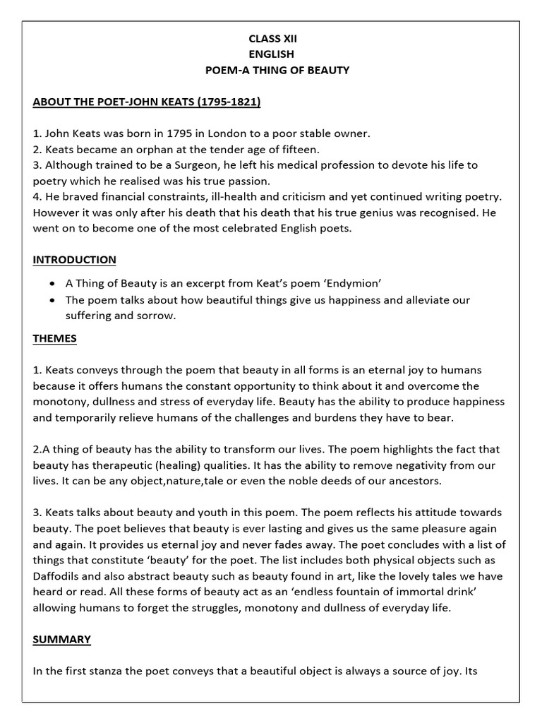 Keats' "A Thing of Beauty" Analysis | PDF | John Keats | Poetry