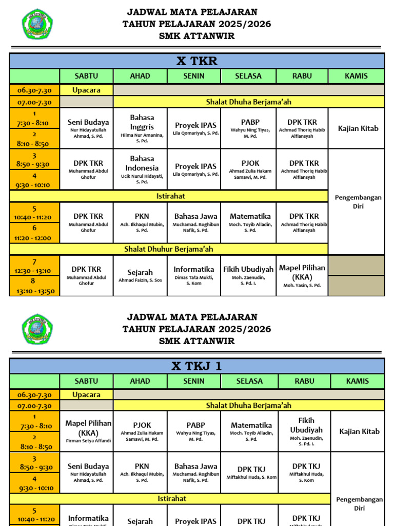 2025-2026 JADWAL MAPEL UNTUK KELAS | PDF