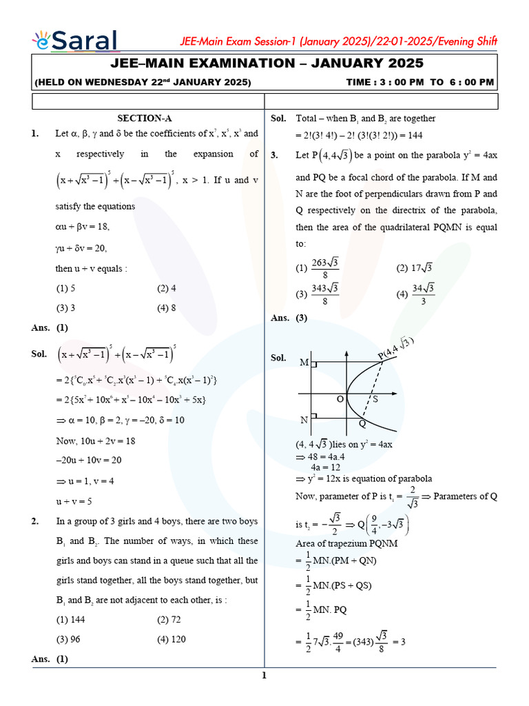 JEE Main 2025 Question Paper With Solution 22th Jan 2025 Shift 2 PDF ...