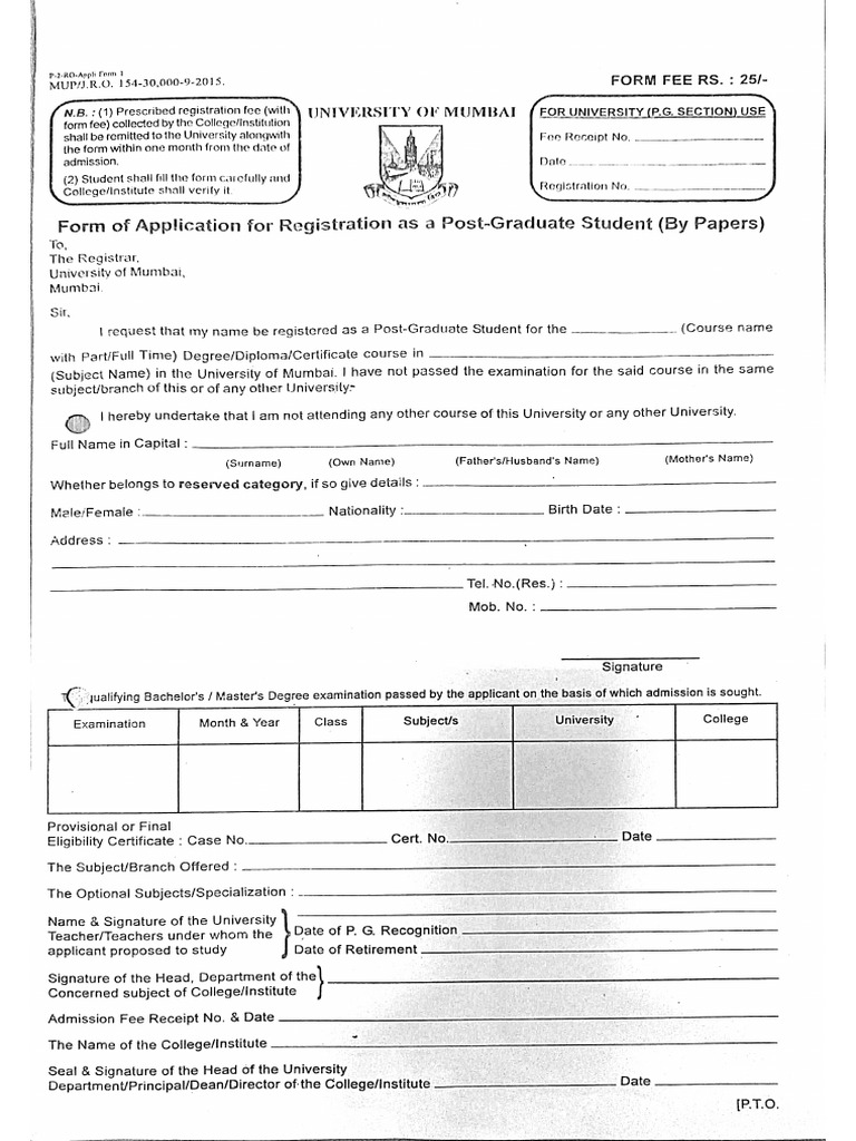 Registration Form For PG | PDF