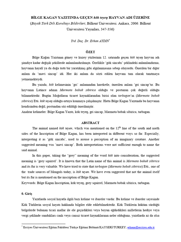 Erhan Aydın Bilge Kagan Yazıtında Geçen Kök Teyen Hayvan Adı Üzerine | PDF