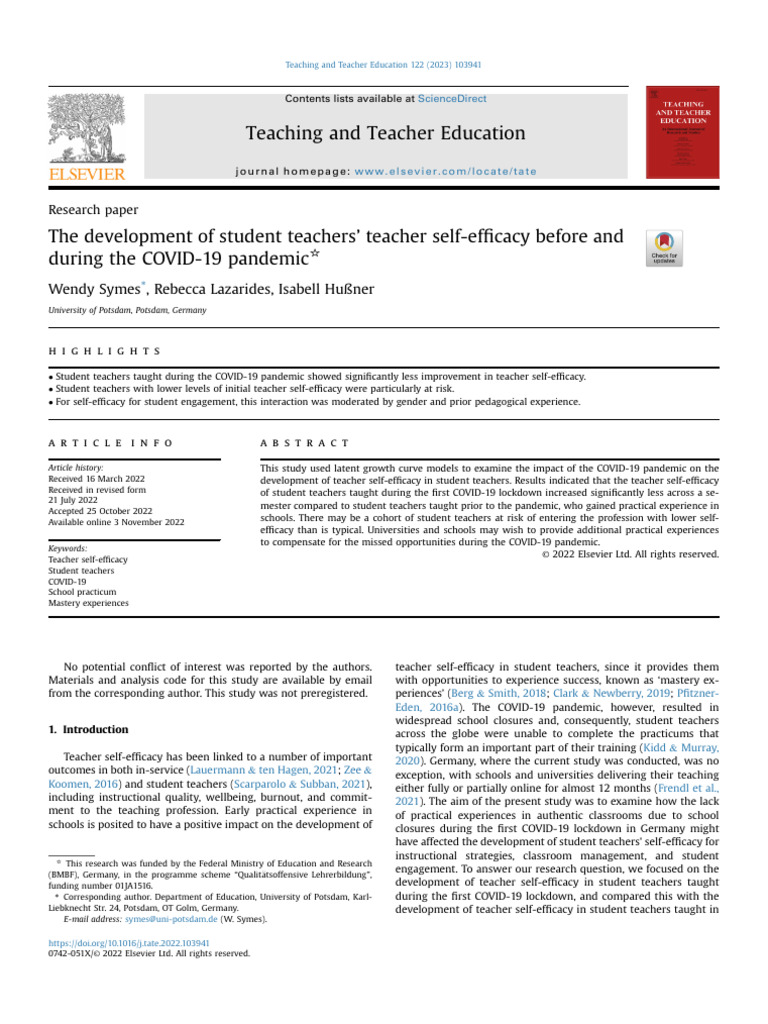 Impact of COVID-19 on Teacher Self-Efficacy | PDF | Self Efficacy ...