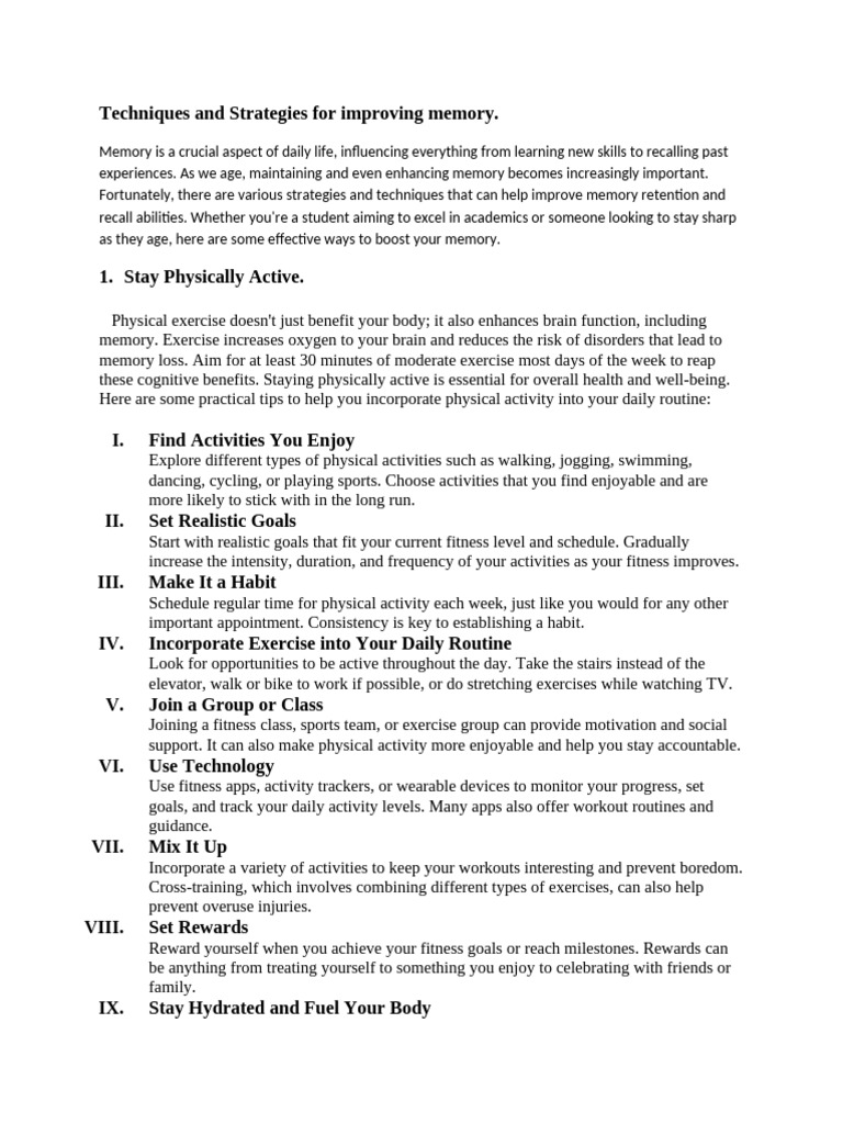 Techniques and Strategies for Improving Memory | PDF | Foods | Memory