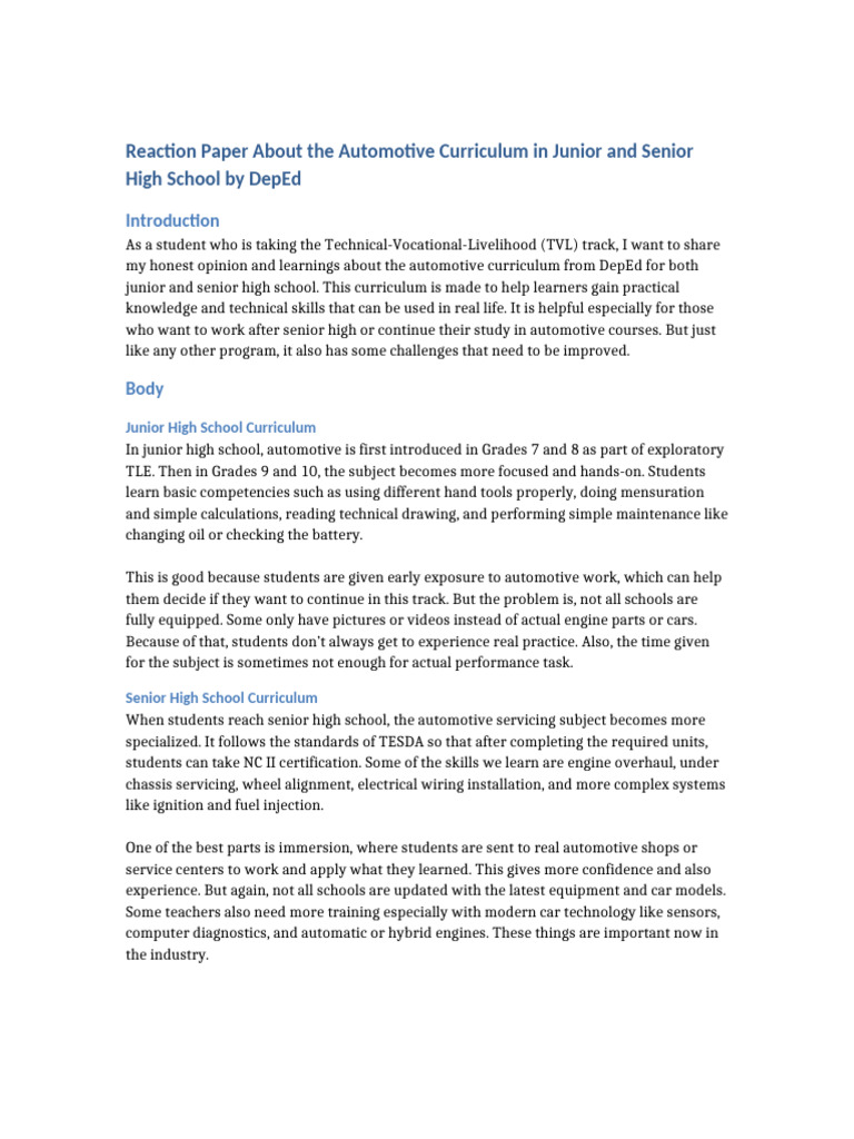 Automotive Curriculum Review for High School | PDF | Curriculum