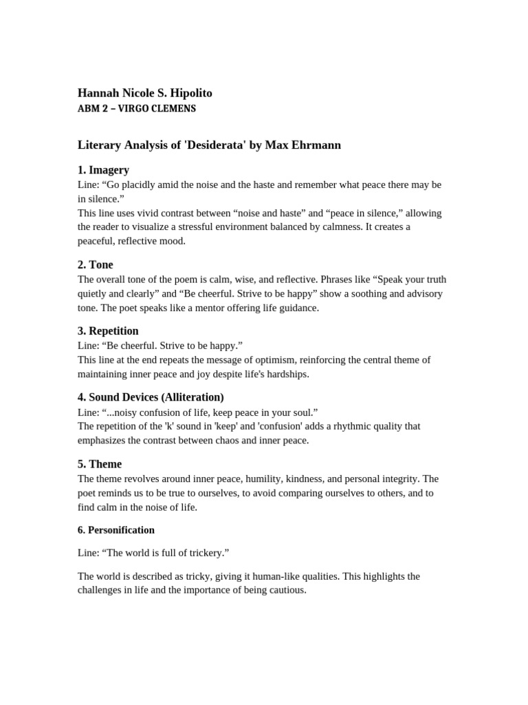 Desiderata Literary Analysis | PDF | Poetry