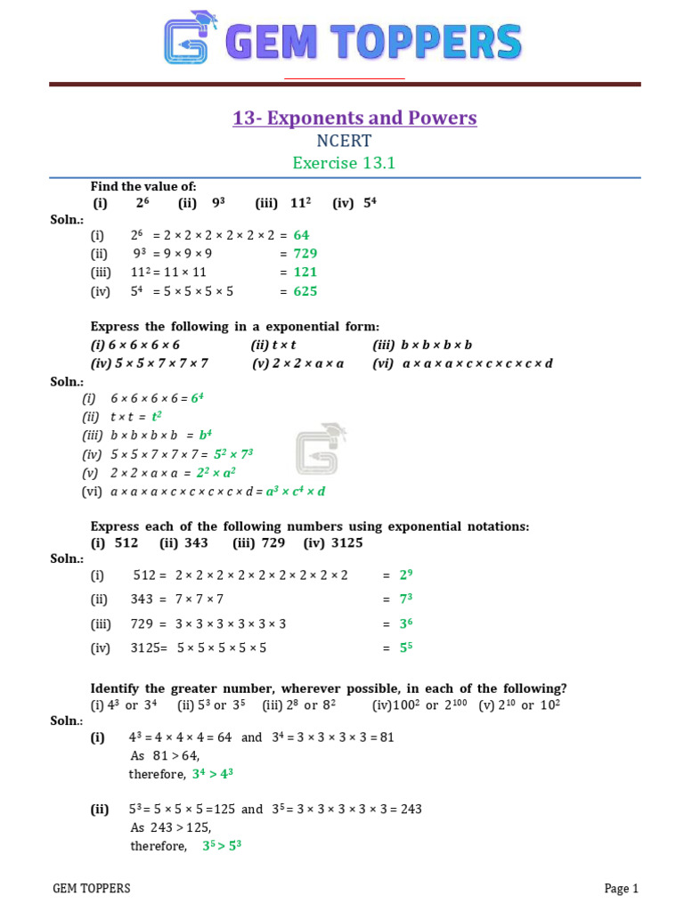 Class 7 Math: Exponents & Powers Exercises | PDF | Mathematics | Arithmetic