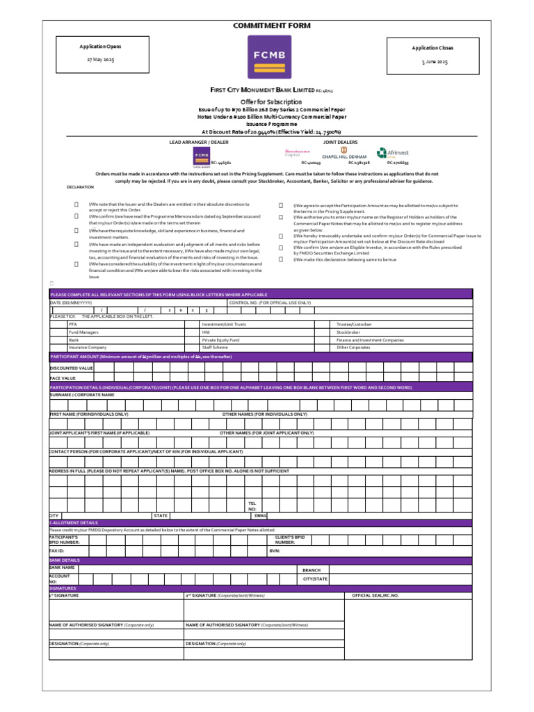 3b) FCMB Limited CP - Series 2 Commitment Form | PDF | Commercial Paper | Investing