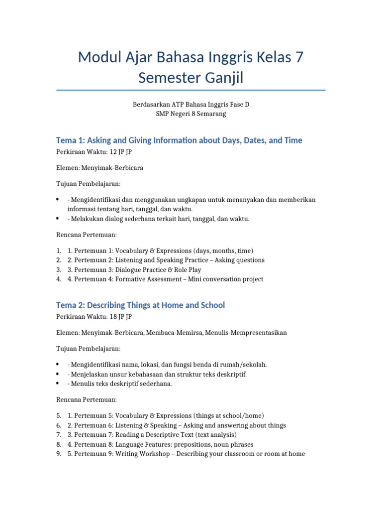 Modul Ajar Bahasa Inggris Kelas 7 Semester Ganjil | PDF