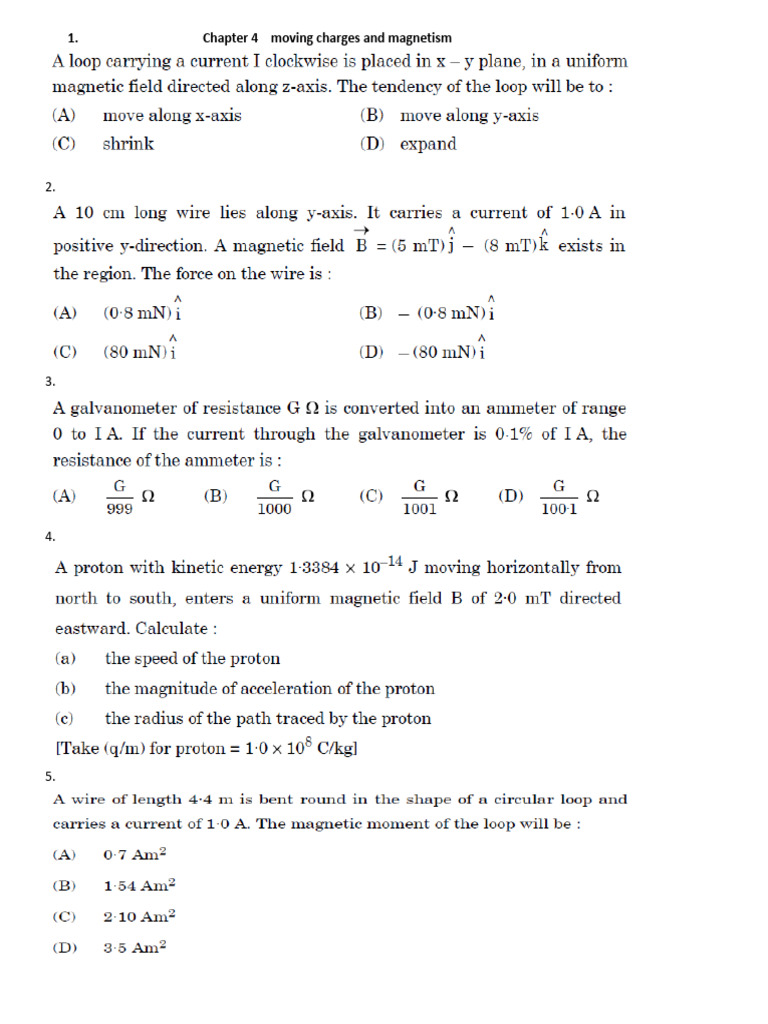 Chapter 4 Moving Charges and Magnetism Previous Year Questions | PDF