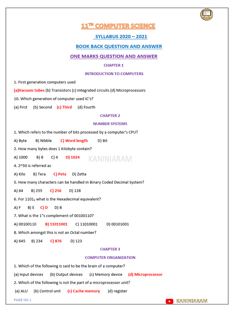 11th Cs One Mark Reduced Syllabus Book Back Question & Answer ...