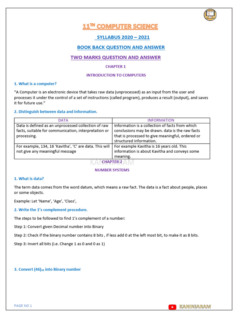 11th Cs Two Mark Book Back Question & Answer | PDF | Operating System ...