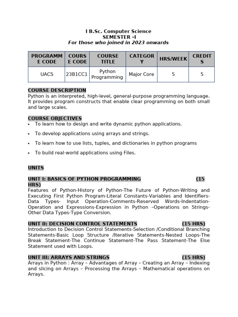23B1CC1 - Syllabus, Blueprint, Model - 08-09-2023 | PDF | Python ...