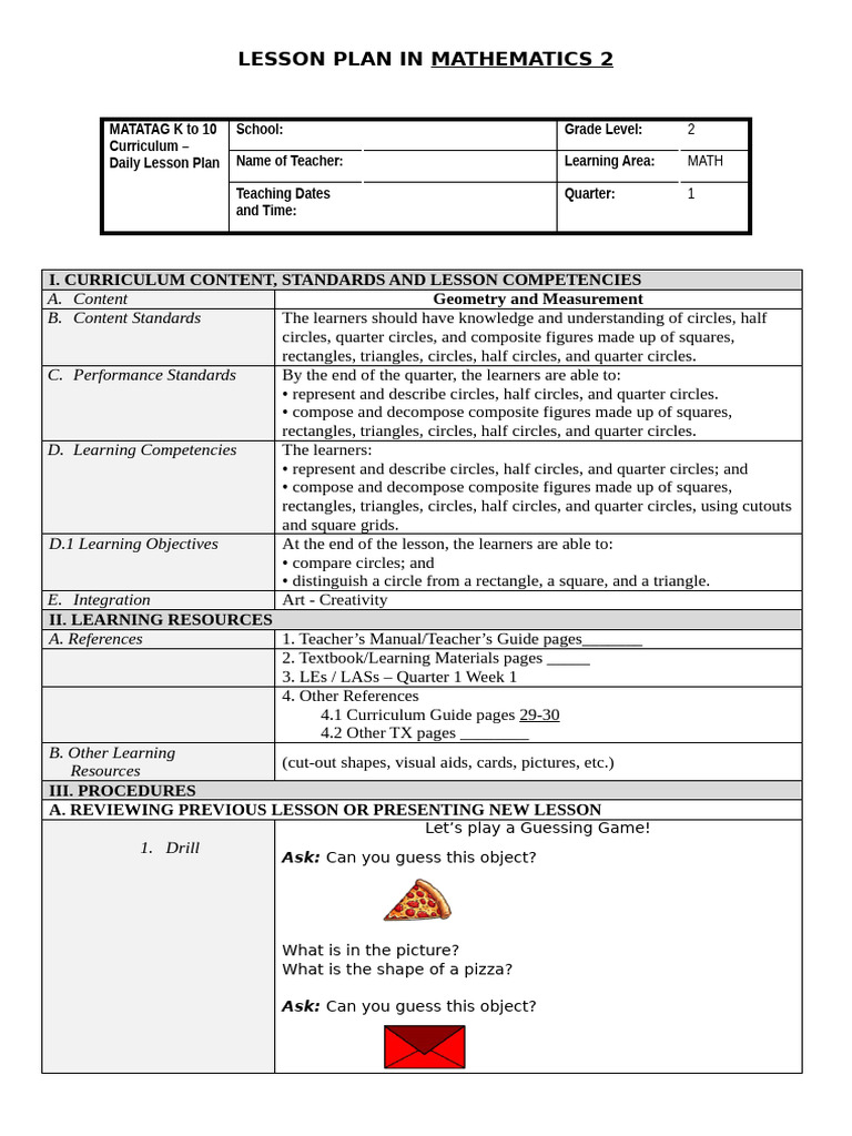 Grade 2 Math Lesson Plan: Shapes | PDF | Rectangle | Shape