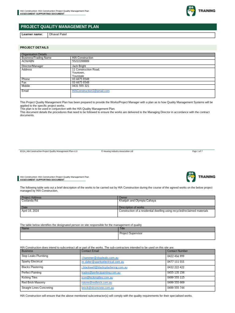 (ID12n) HIA Construction Project Quality Management Plan V1.0 (2 ...