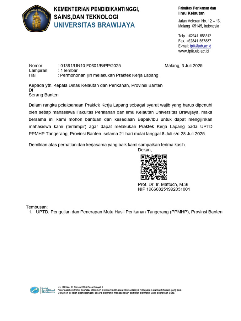 Permohonan Praktek Kerja Lapang FPIK UB | PDF