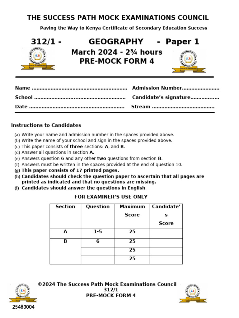 Geography Mock Exam Paper 1 2024 | PDF | Rock (Geology) | Map