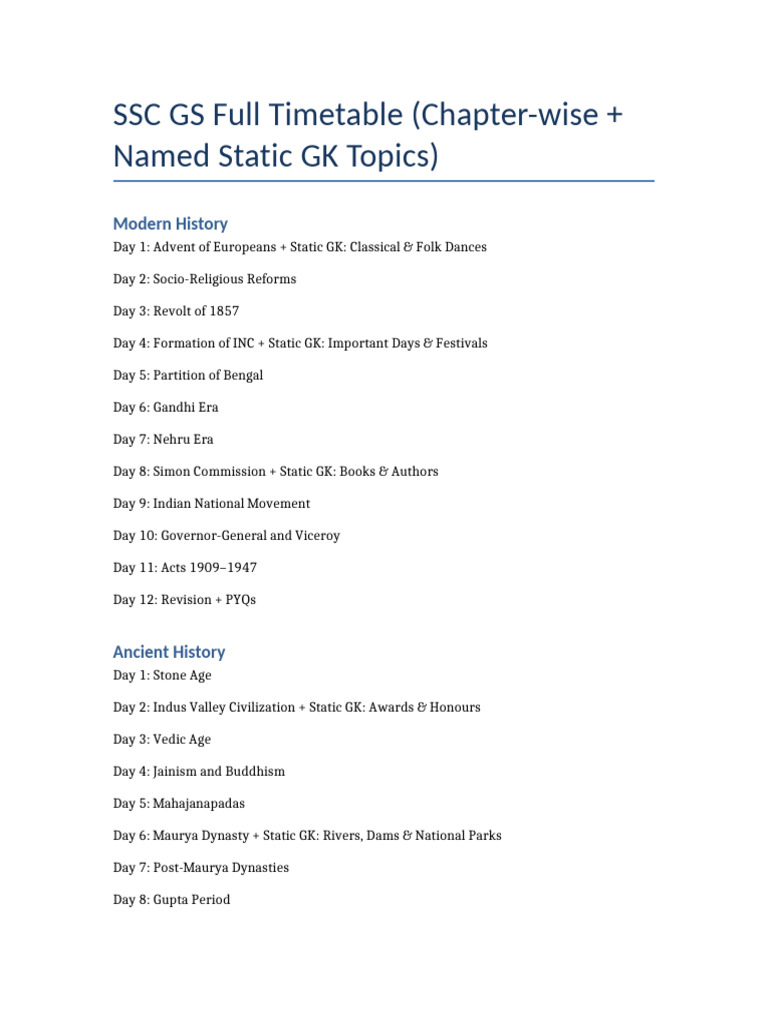 SSC GS Timetable with Static GK Topics | PDF | Natural Environment ...