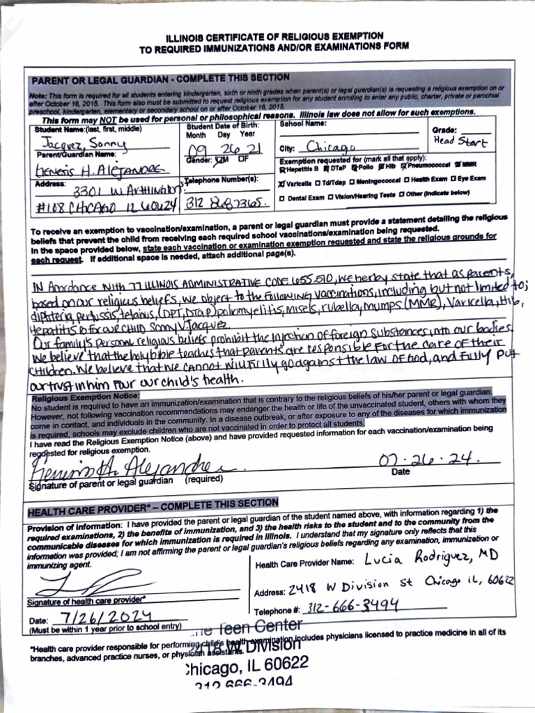 Religious Exemption Form Signed by Physician | PDF