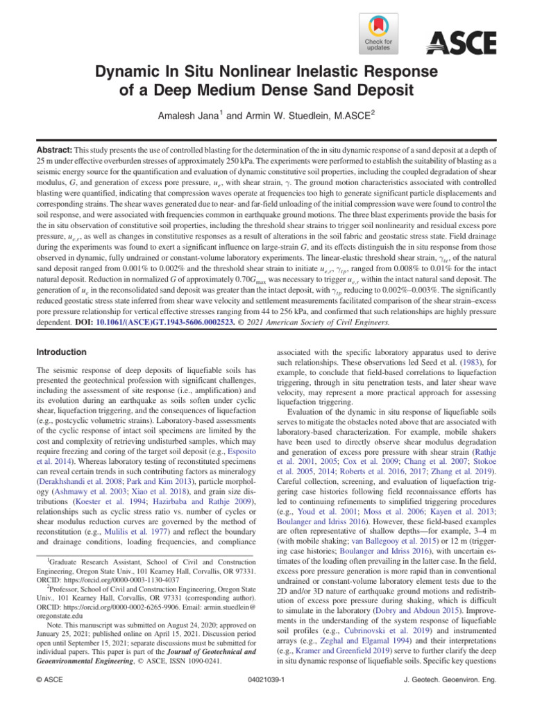 In Situ Dynamic Response of Sand Deposits | PDF | Mechanical ...